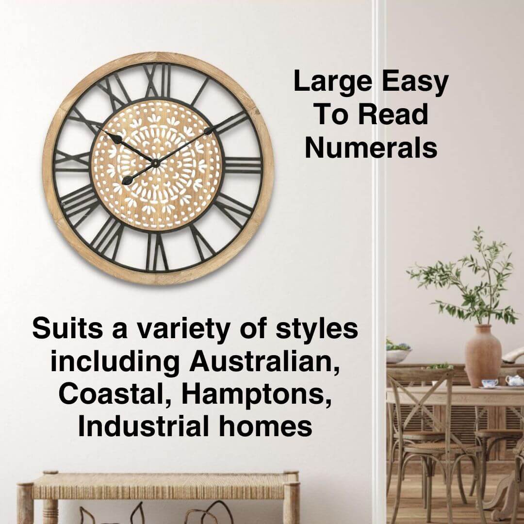 60cm Carved Industro Hamptons Wall Clock - Large Timber