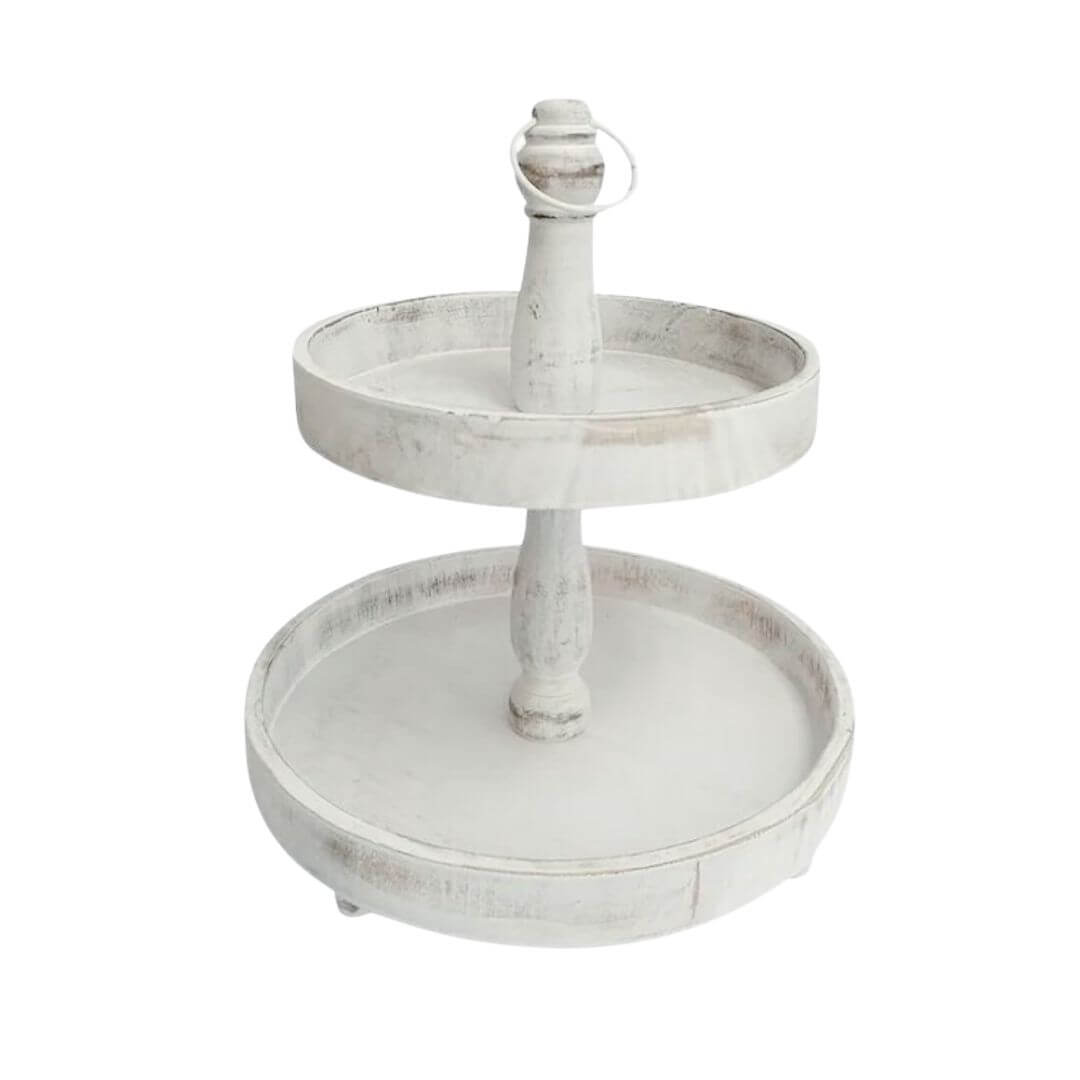 46cm Cape 2 Tier Round Stand White Wash Decorative Tray
