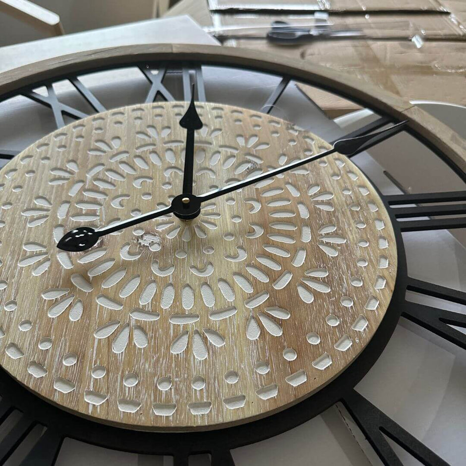 Carved Industro Hamptons Wall Clock Large 60cm Timber Black White