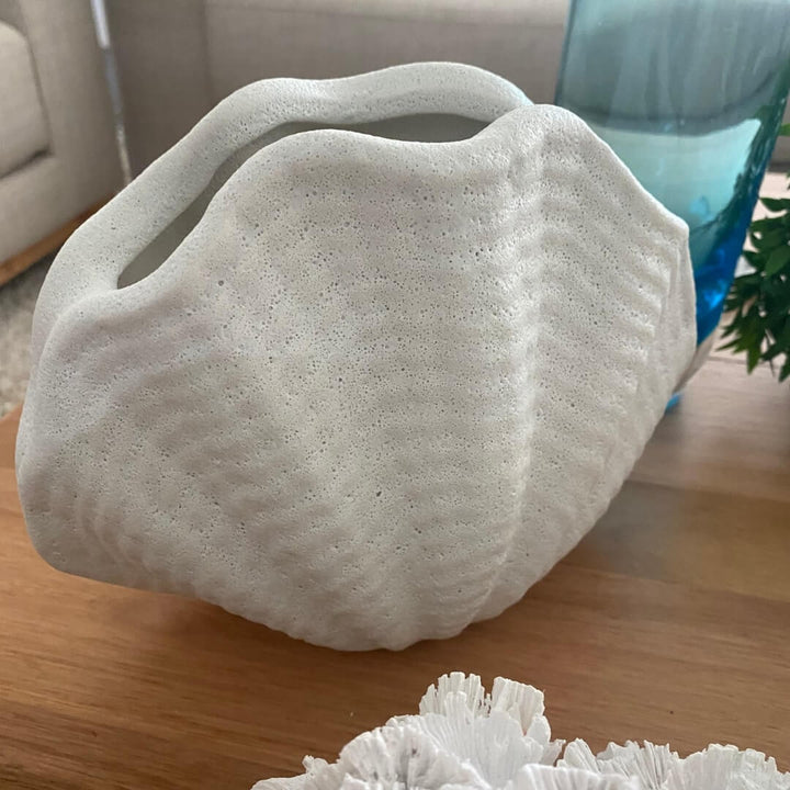 White Ceramic Oyster Vase, Coastal Hamptons Decor, Shop Now